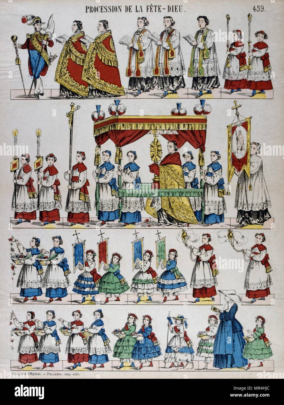 Coloured woodblock illustration showing a Catholic religious procession ...