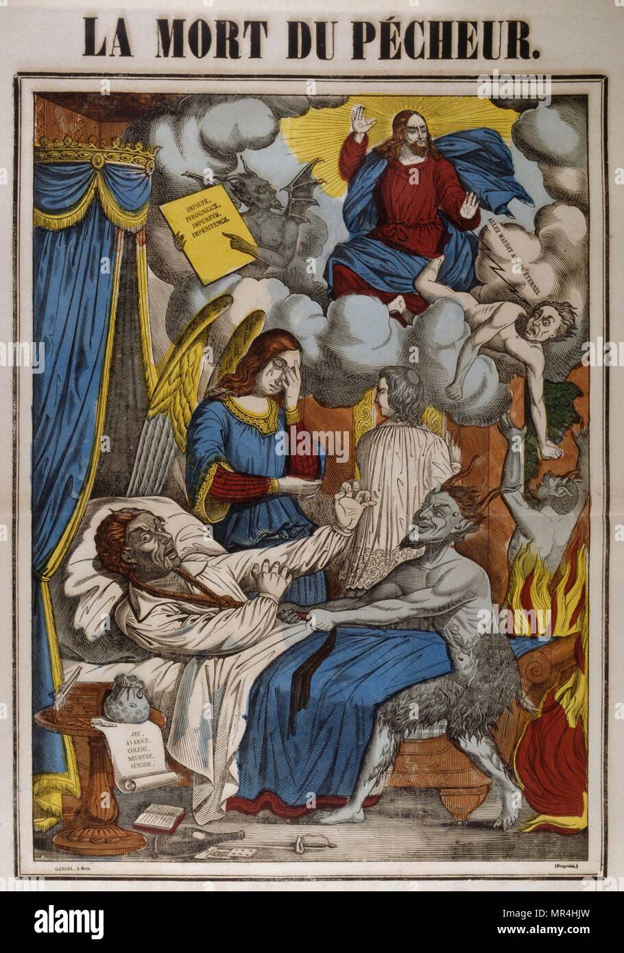 Coloured woodblock illustration showing a Catholic religious ...