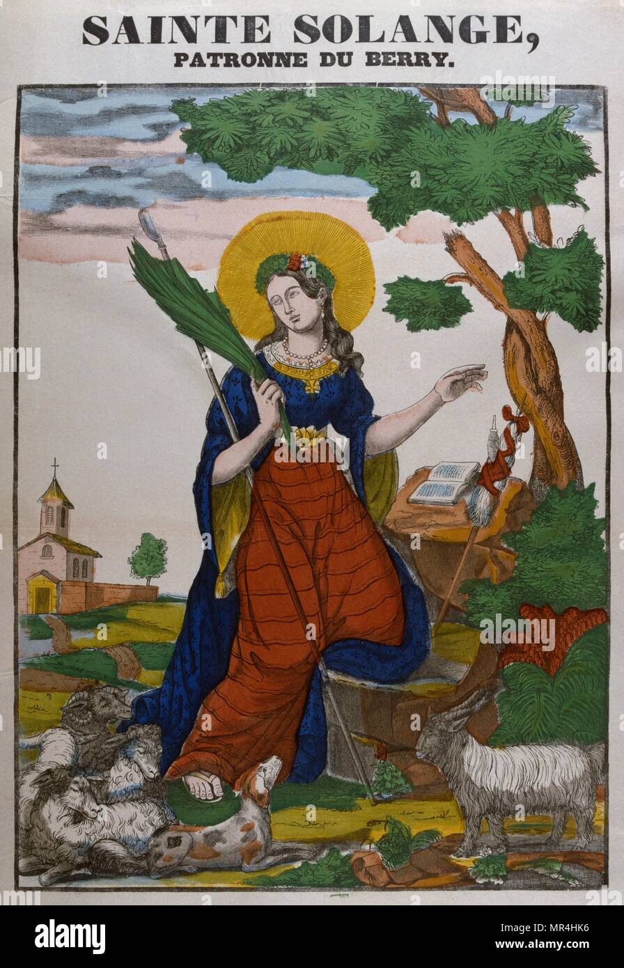 Coloured woodblock illustration showing Saint Solange (died c. 880 ...