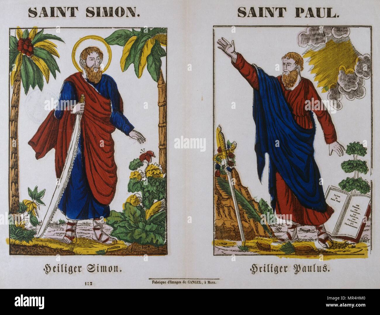 French 19th century, coloured woodblock illustration showing Saint ...