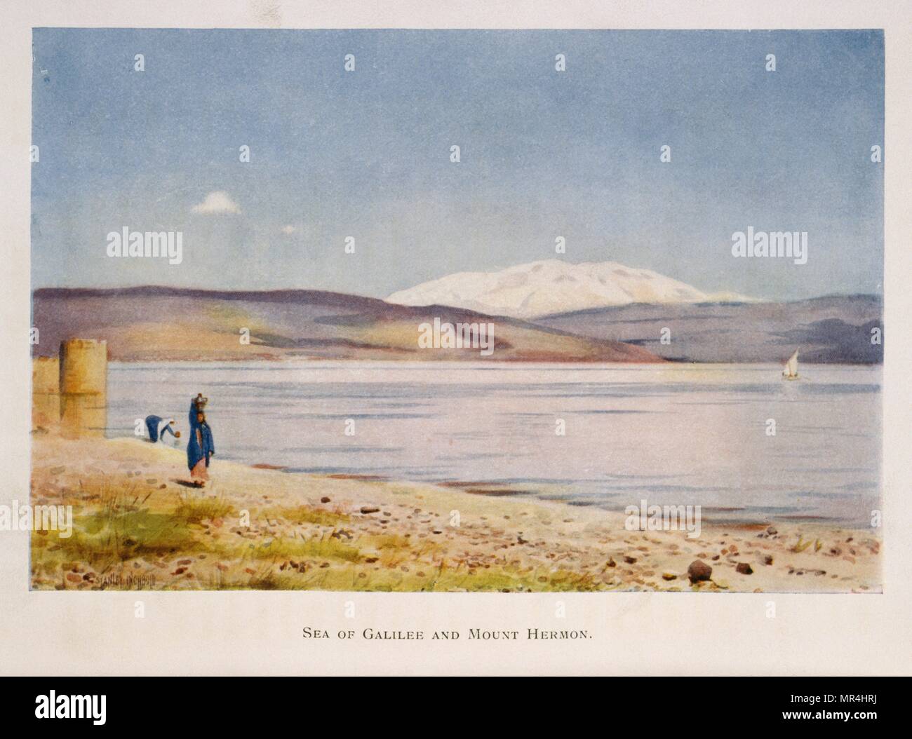 Watercolour by Stanley Inchbold, depicting the Sea of Galilee towards ...