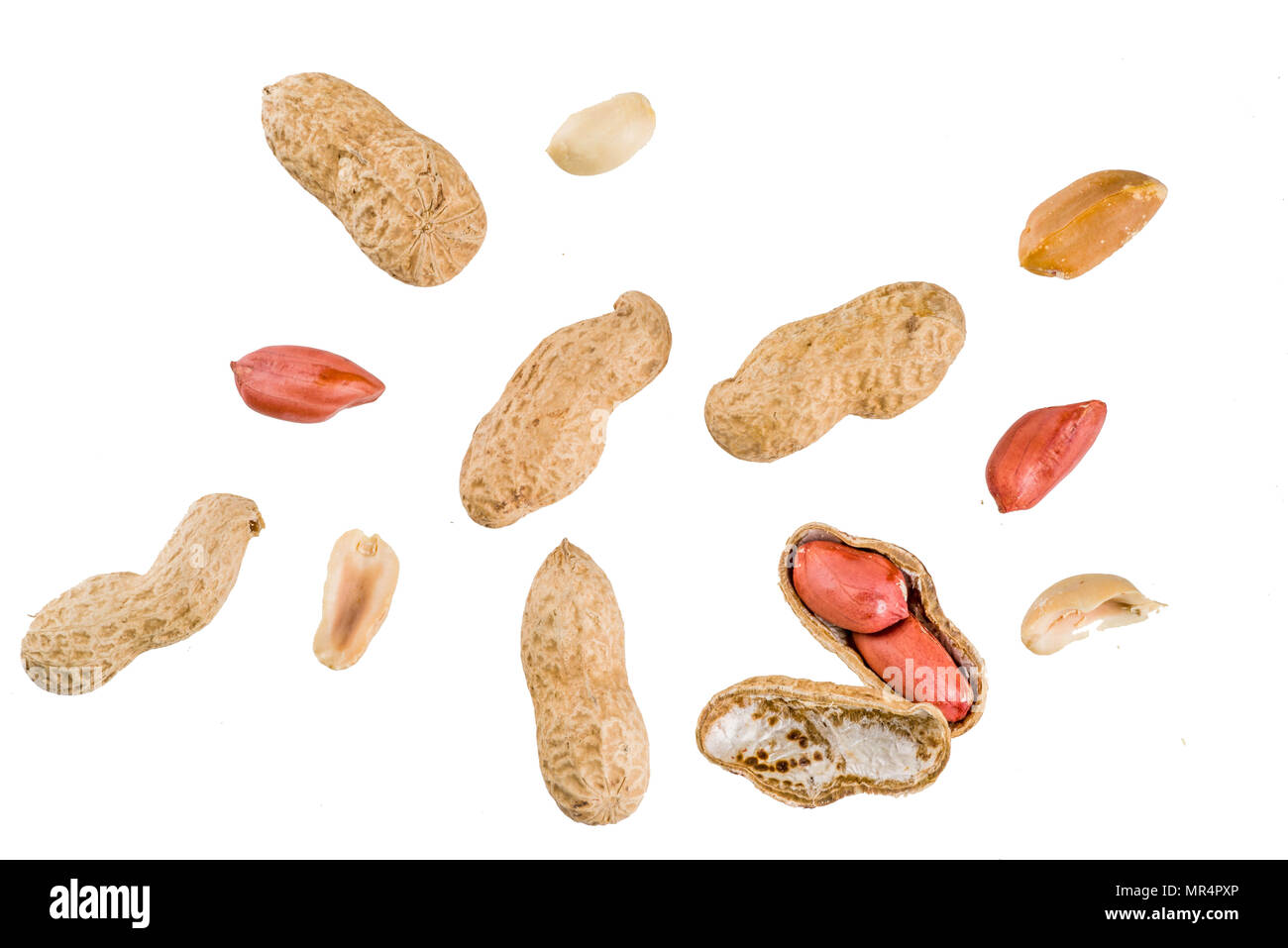 Whole and open peanut nuts isolated on a white background simple ...