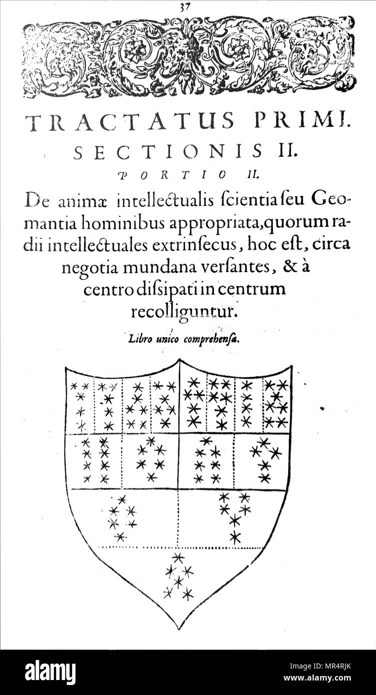 Engraving depicting a Geomancy Shield Chart, which illustrates the ...