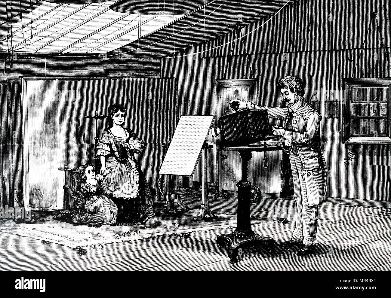Engraving depicting a mother and child having a Daguerreotype taken ...
