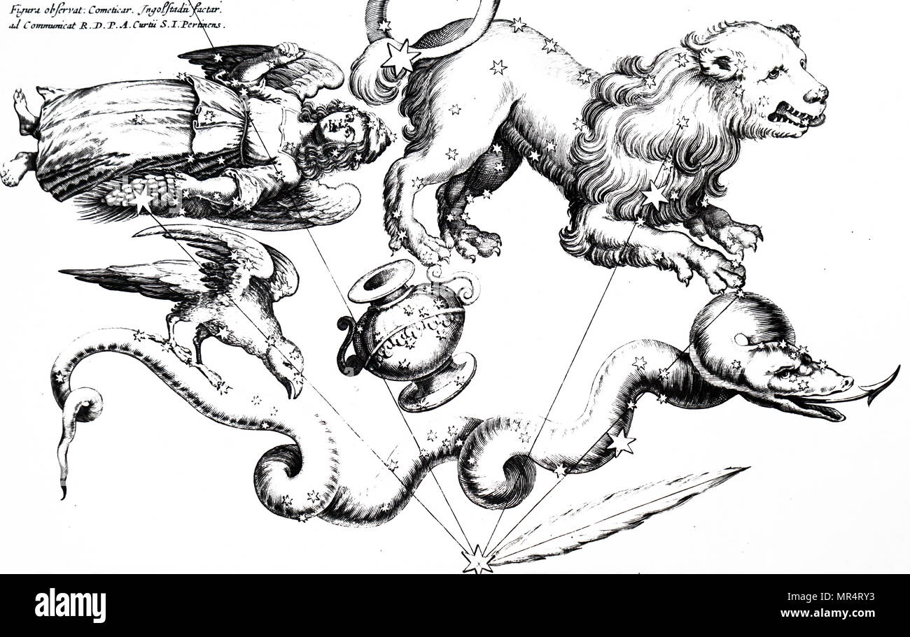 Engraving depicting Hevelius' comet in 1665. Discovered by Johannes ...