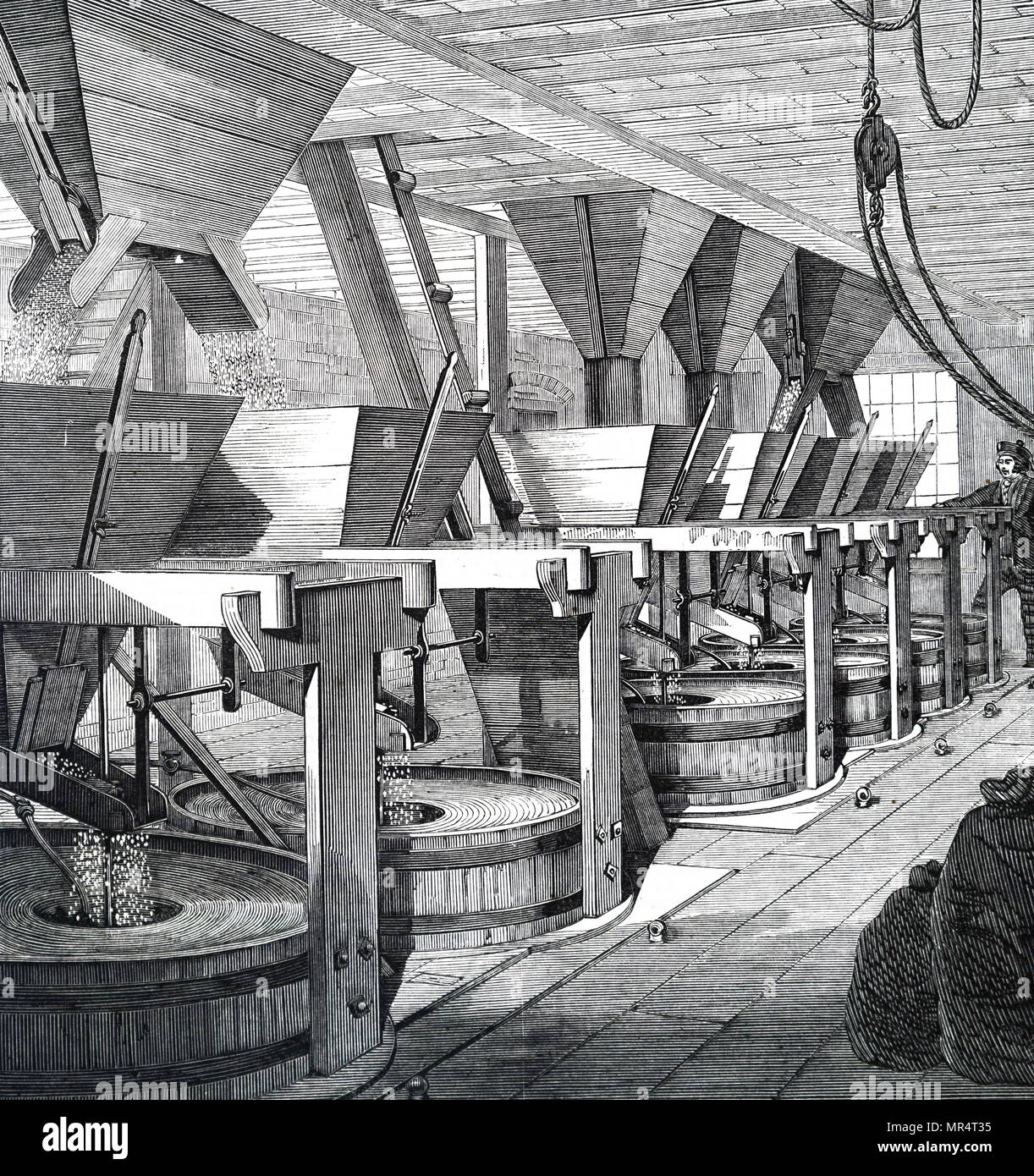 Engraving depicting the grinding corn (maize) to produce cornflour ...