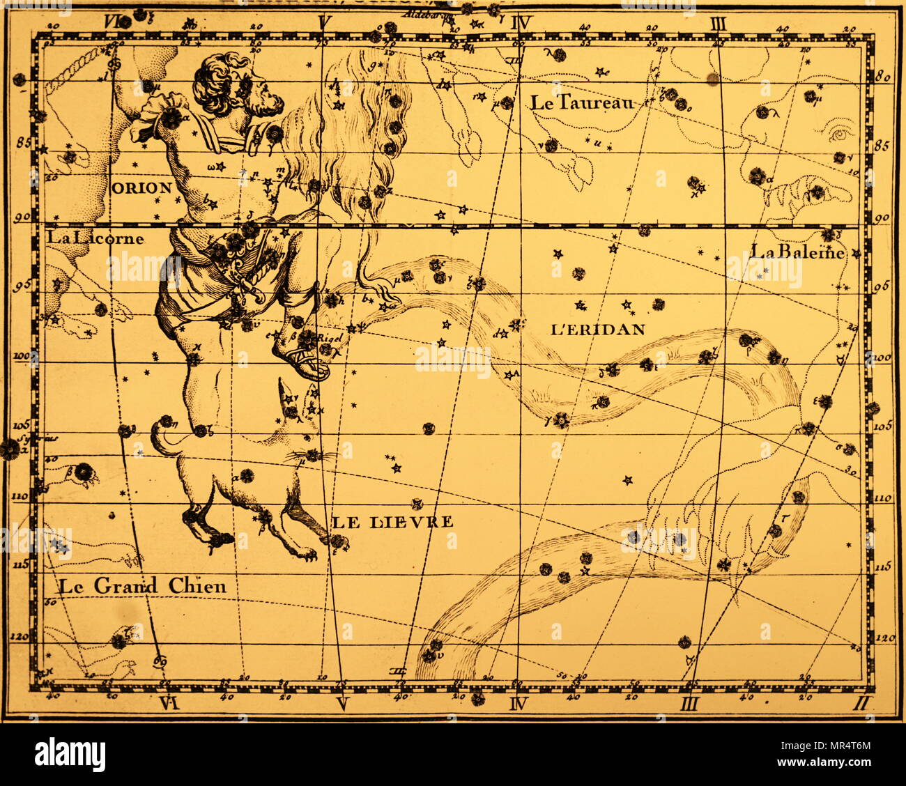 Engraving depicting the constellation Orion. Orion is a prominent ...