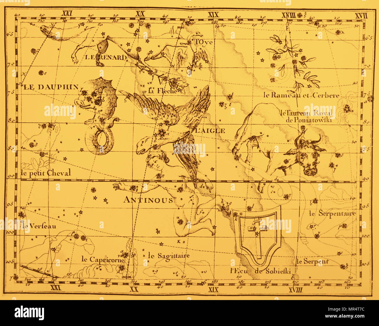 Engraving depicting the constellations of Aquila, Delphinus, and ...