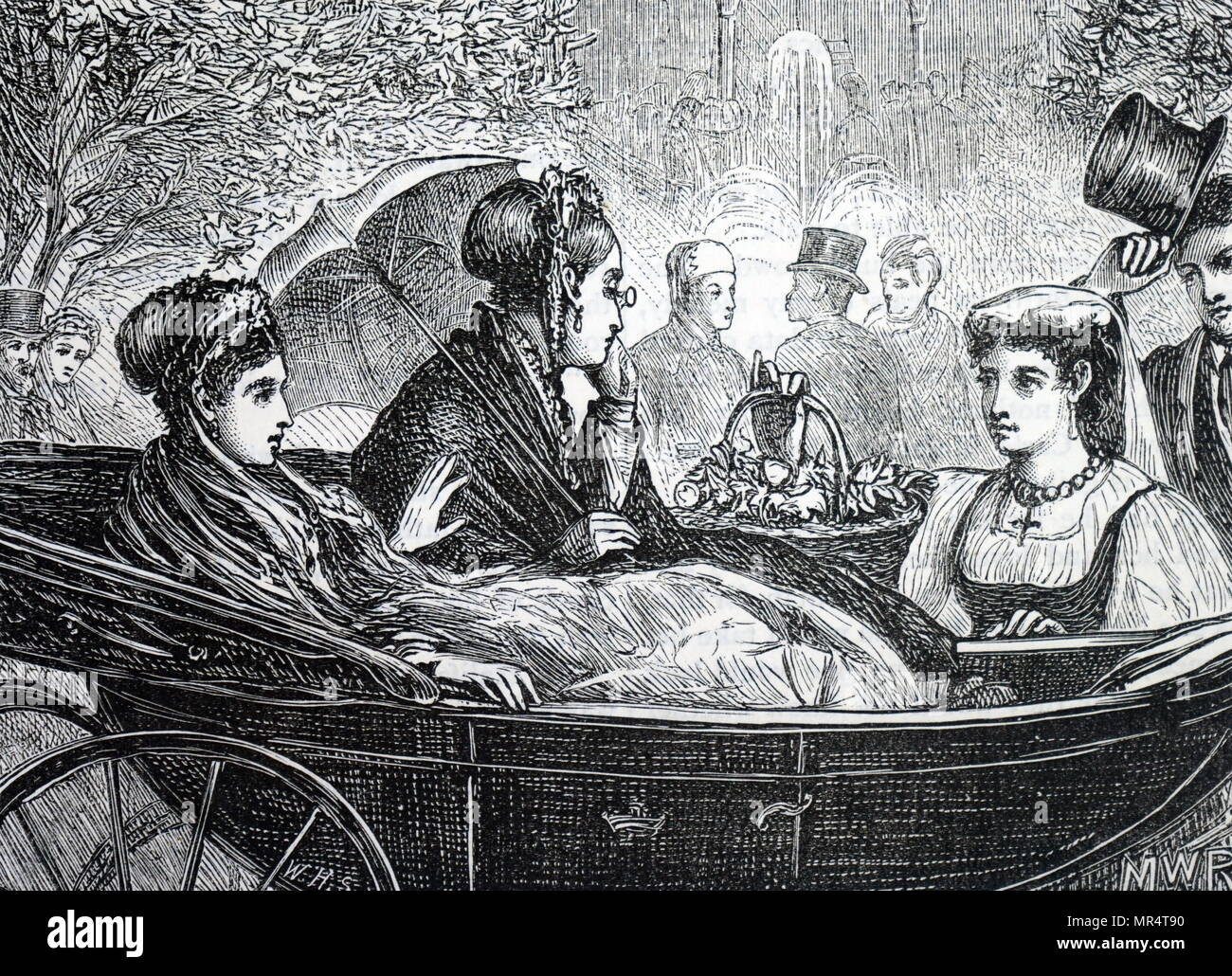 Engraving depicting women using lorgnettes whilst enjoying a carriage ...