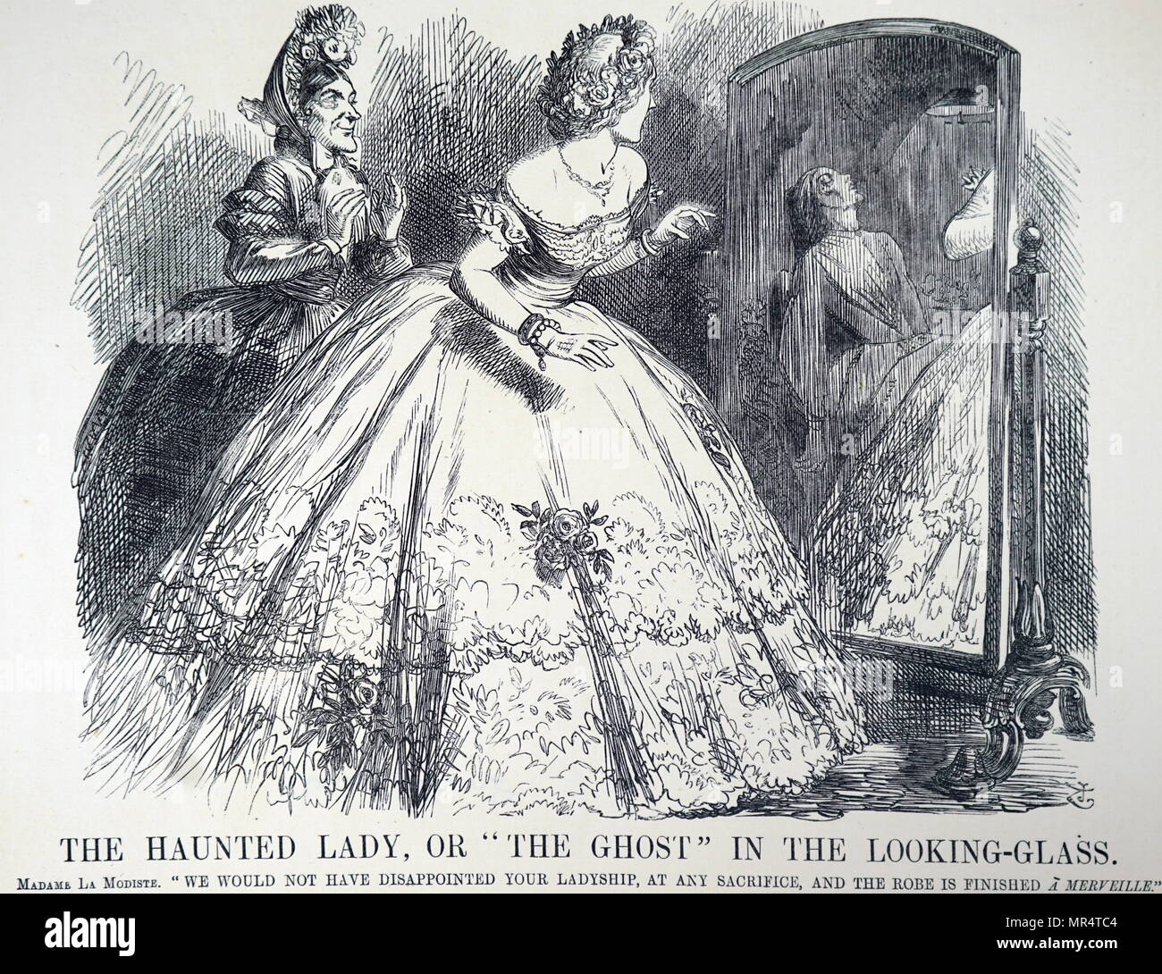 Cartoon titled 'The Haunted Lady'. The dressmaker enthusing over the ...