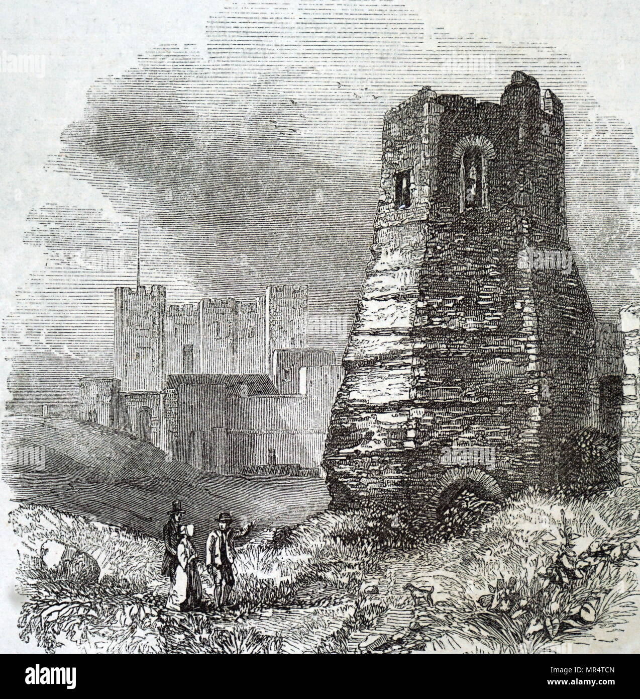 Engraving depicting what remains of an ancient Roman lighthouse, as it ...