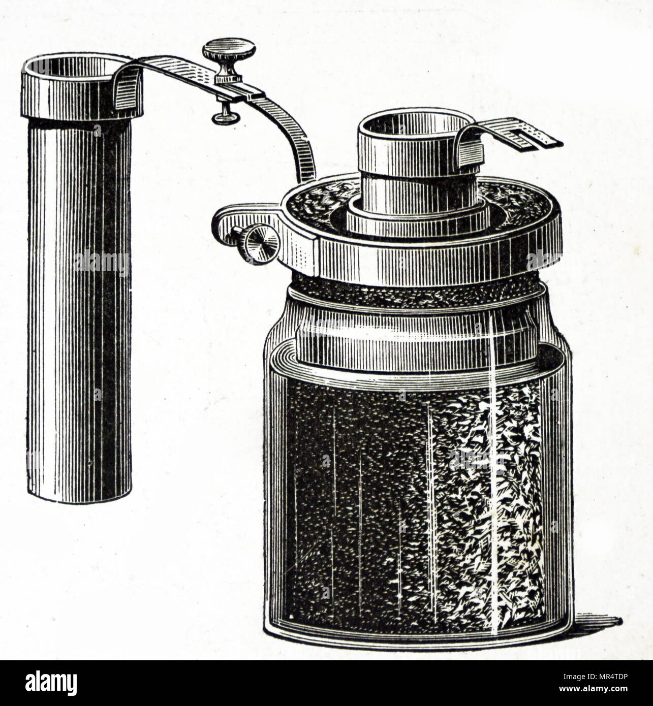 Engraving depicting a Bunsen cell, a zinc-carbon primary cell composed ...