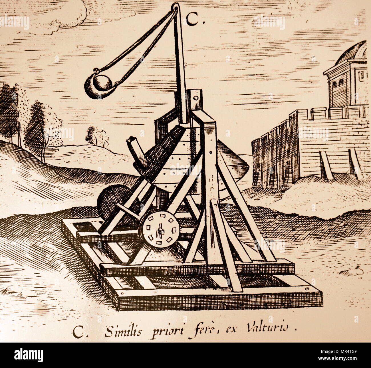 Engraving depicting a trebuchet - a war engine for projecting missiles ...