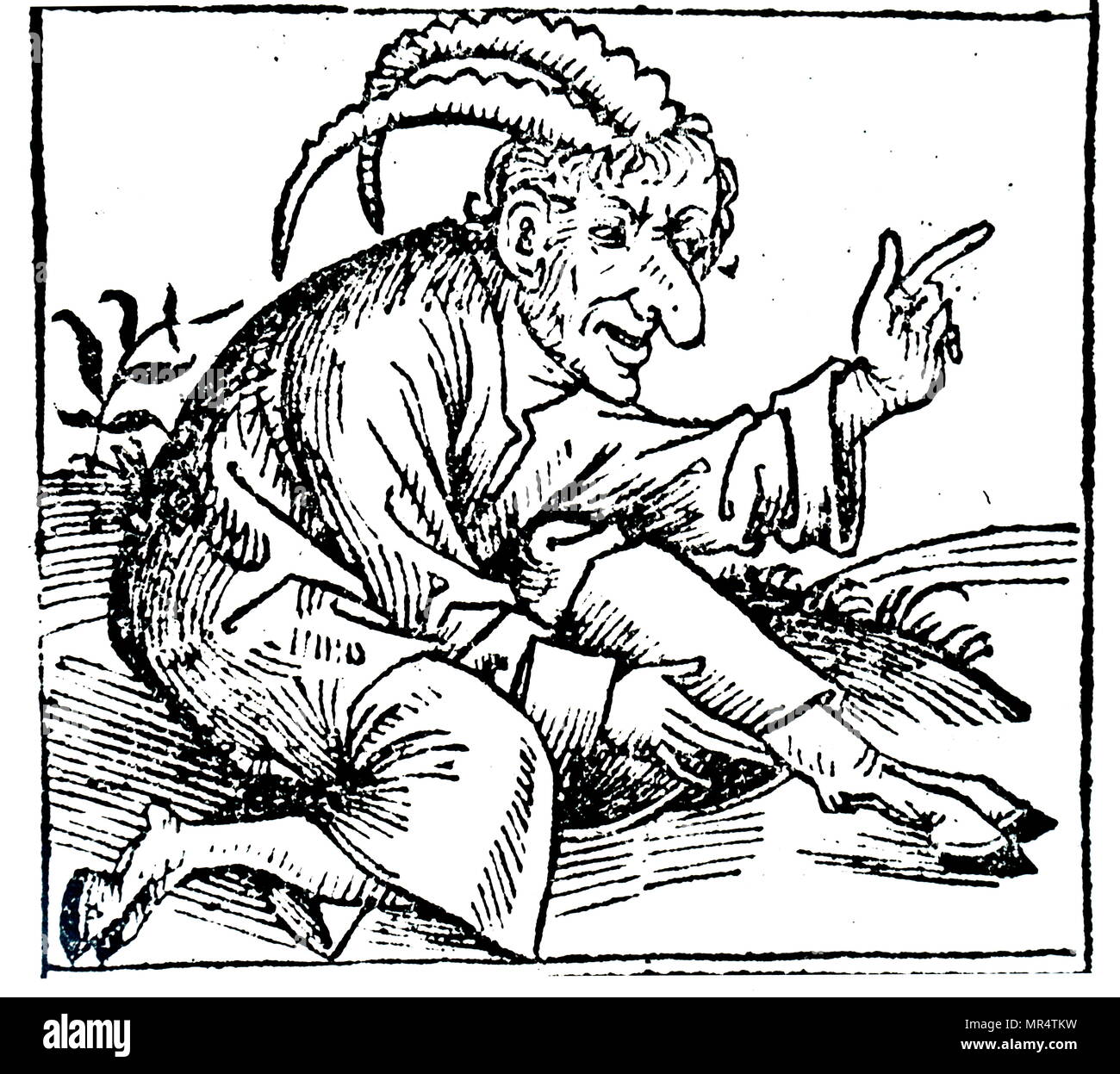Woodblock engraving depicting a member of a tribe with horns and cloven ...