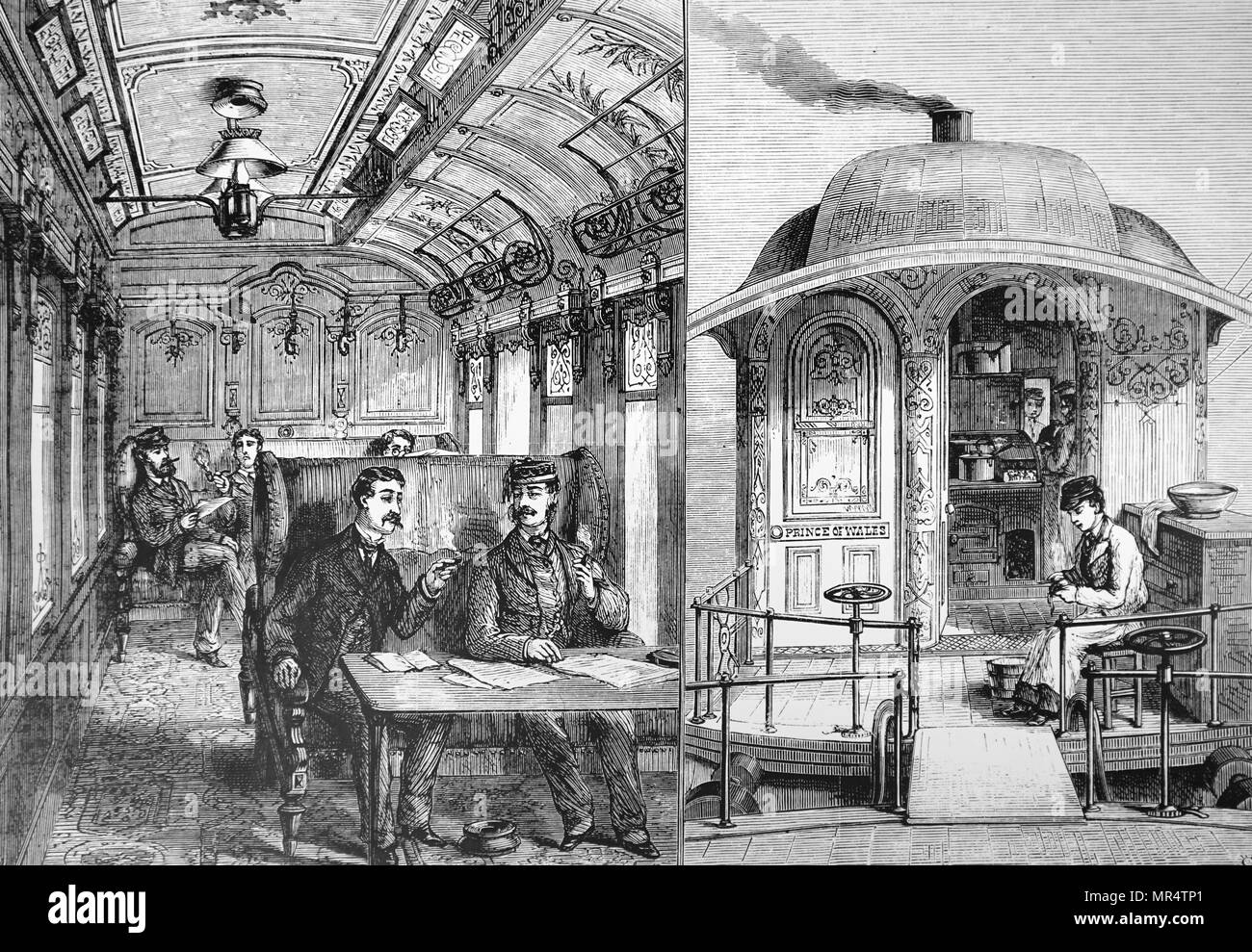 Engraving depicting a smoking saloon and the galley on a Great Northern ...