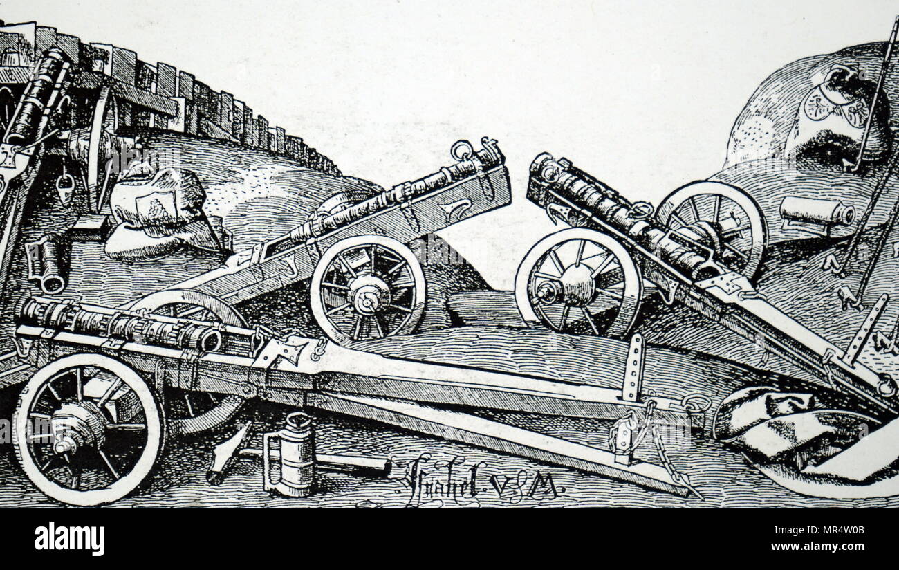 Engraving depicting Hernán Cortés' artillery used during his conquest ...