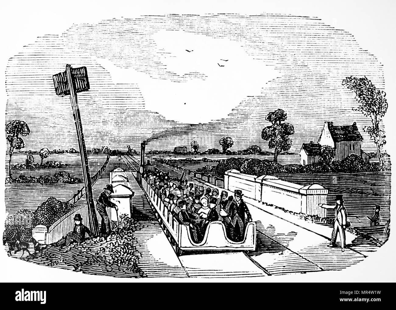 Engraving depicting open carriages running on a broad gauge track ...