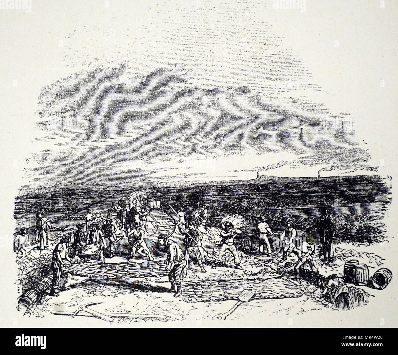 Engraving depicting Navvies working on the Liverpool-Manchester Railway ...