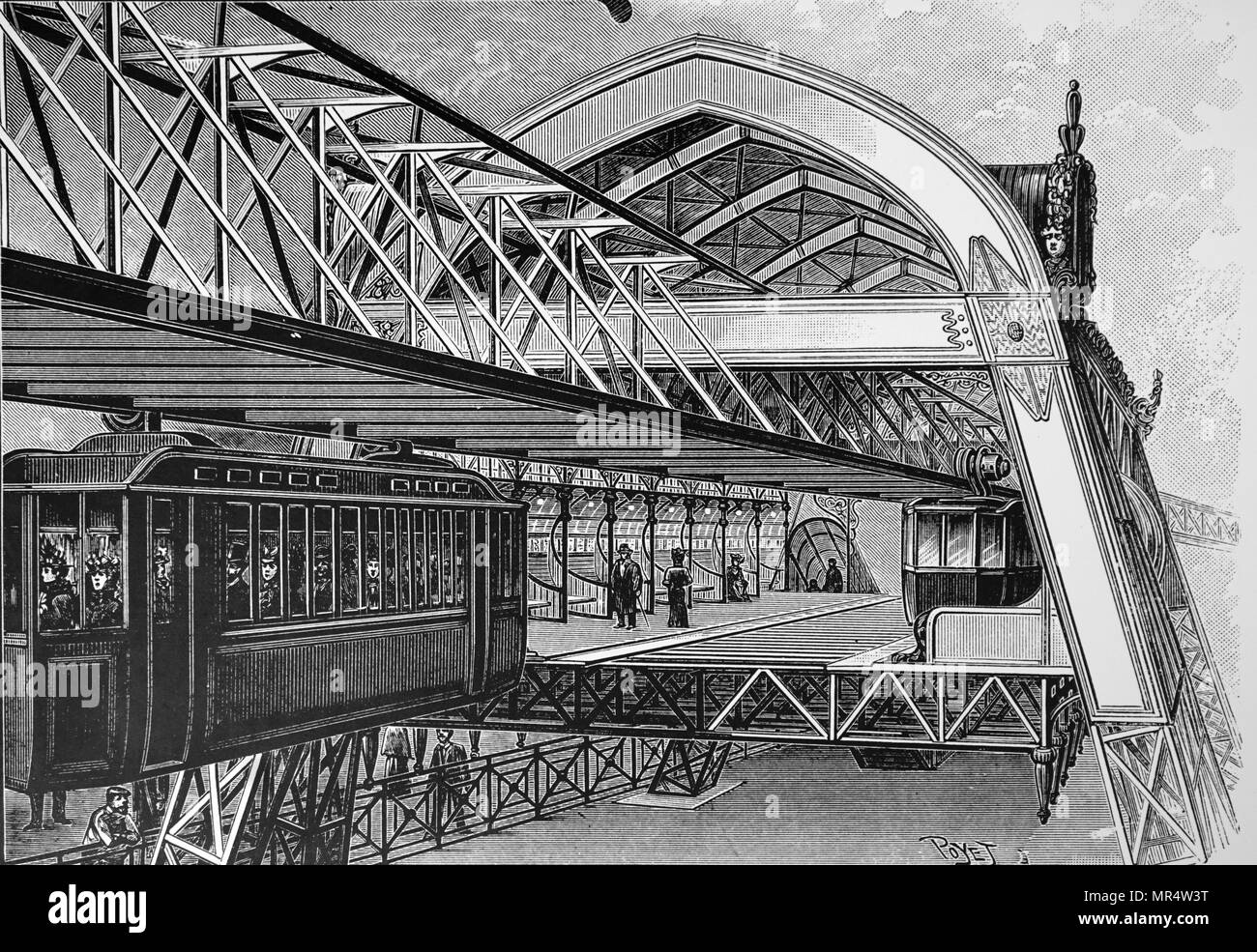 Engraving depicting an overhead monorail system between Barmen and ...