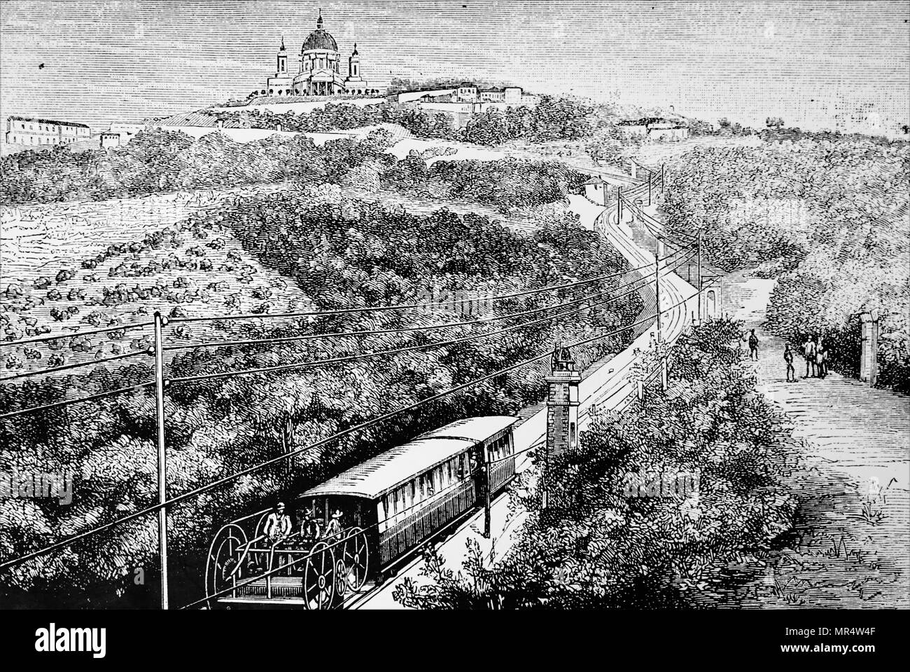 Engraving depicting the Superga cable railway near Turin, Italy. Dated ...