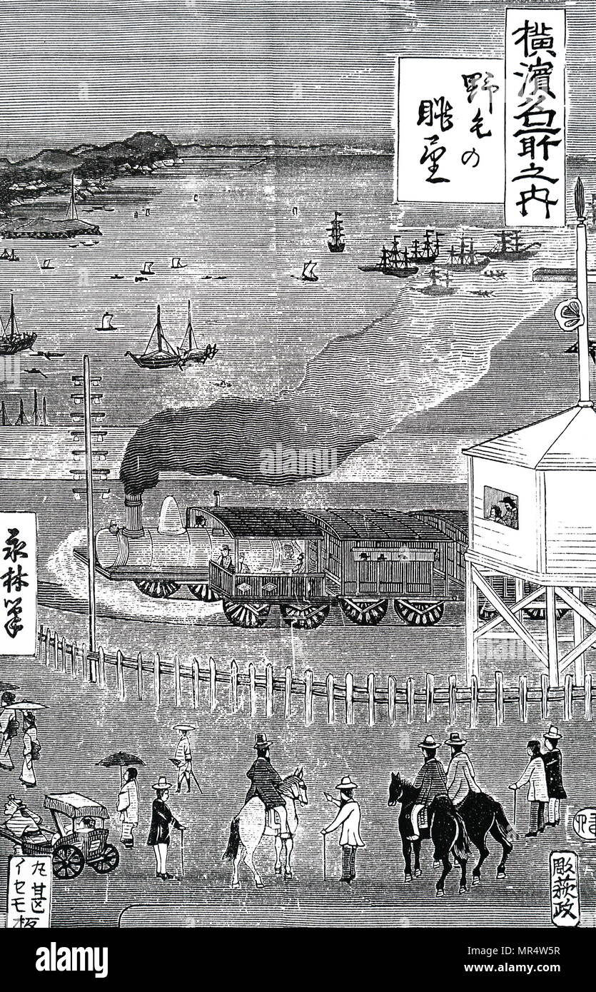 Woodcut engraving depicting the arrival of the first railway locomotive ...