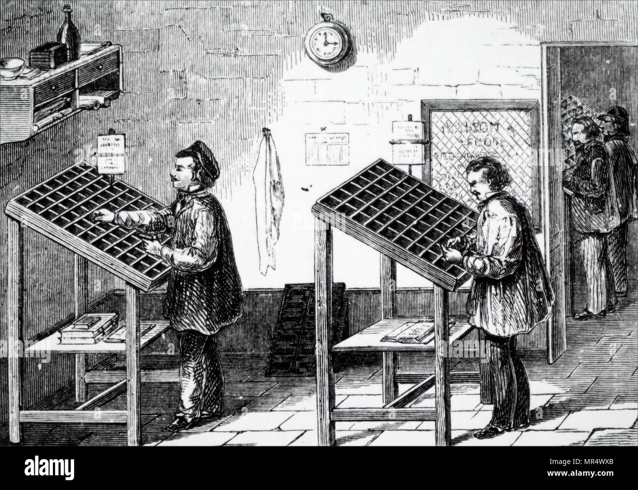 Illustration depicting a compositor making up a line of type. In his ...