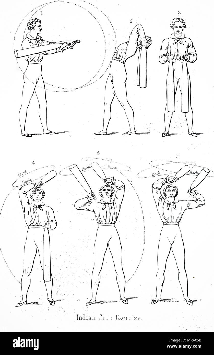 Illustration depicting a young man performing Indian club exercises ...