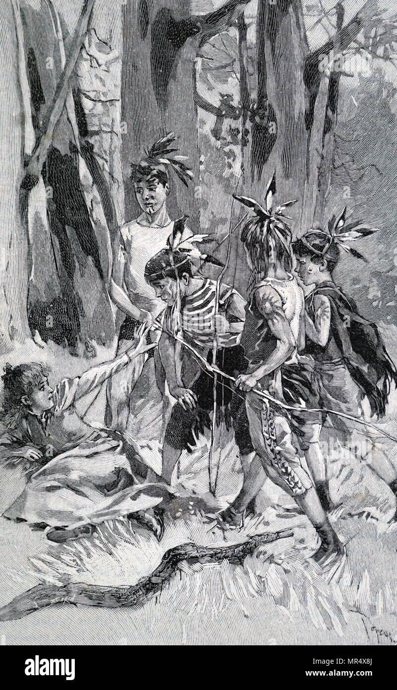 Painting depicting children playing Red Indians. The boys are seen here ...