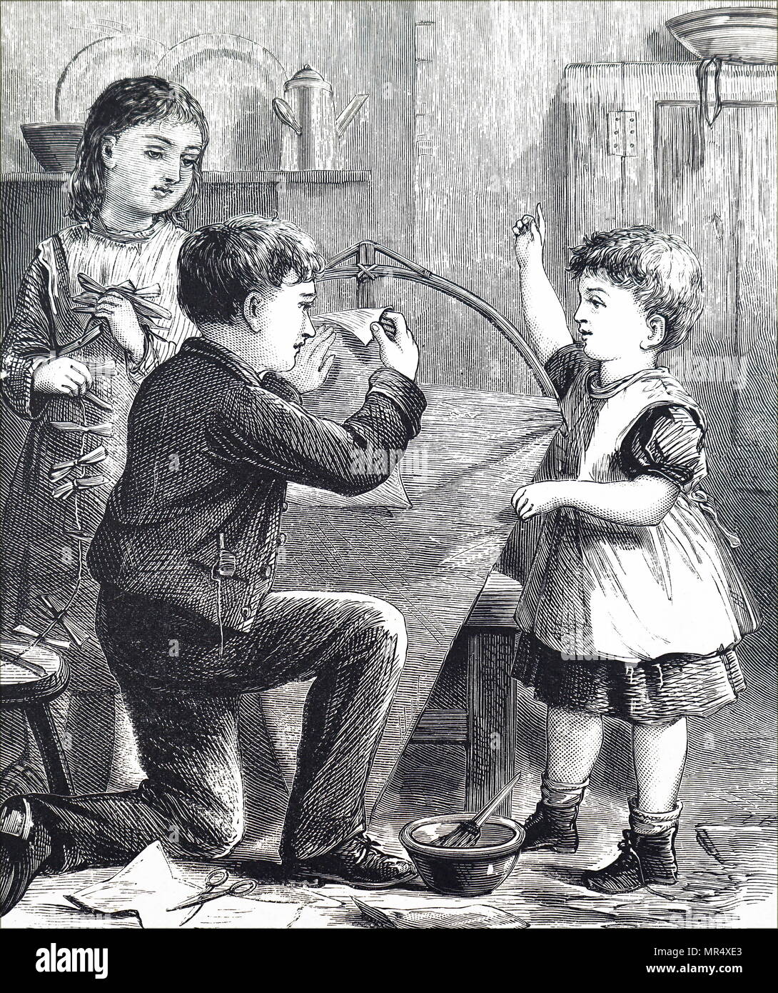 Illustration depicting children mending their kite. Dated 20th century ...