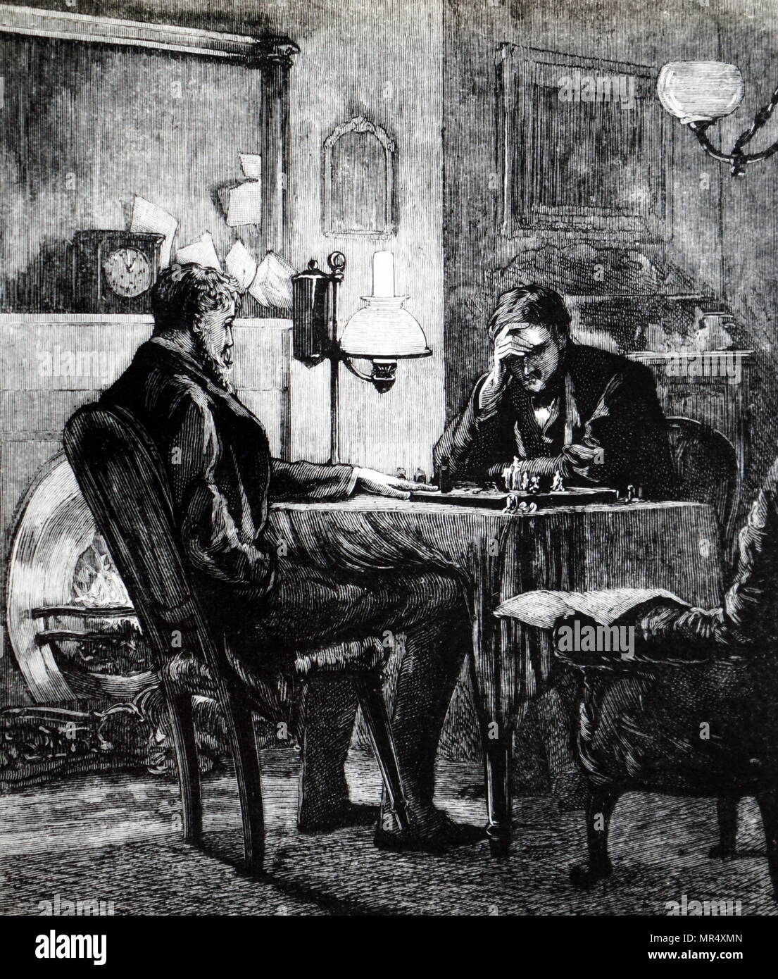 Illustration depicting two men playing chess by the light of an oil ...