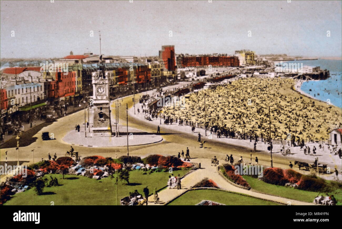 Hand-coloured photograph of Margate seafront, clock tower, gardens and ...