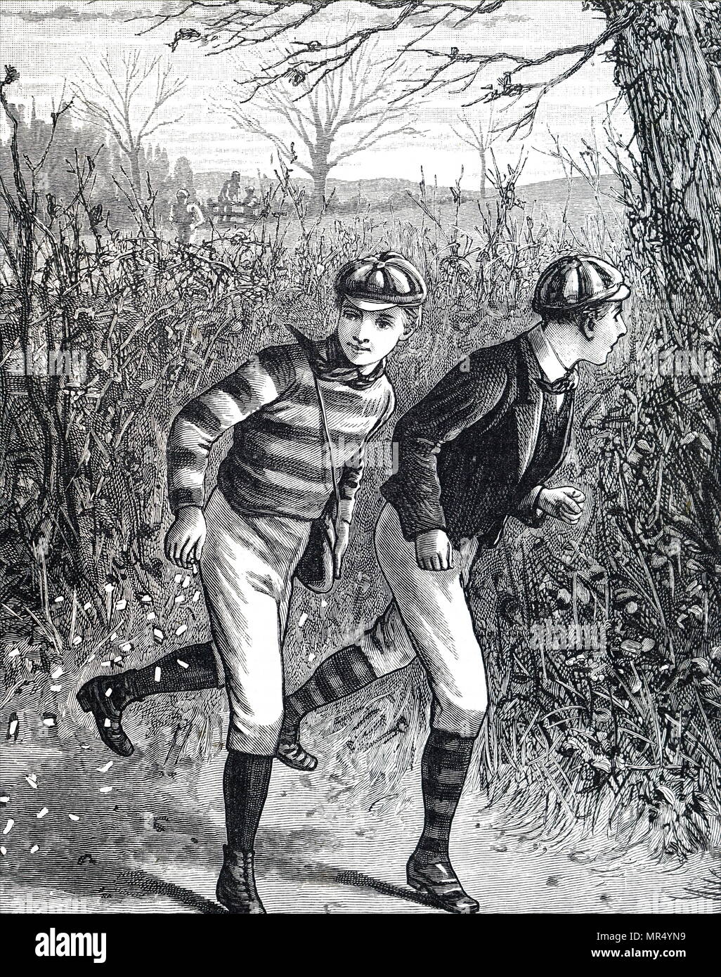 Illustration depicting two young boys playing Paper Chase, a racing ...