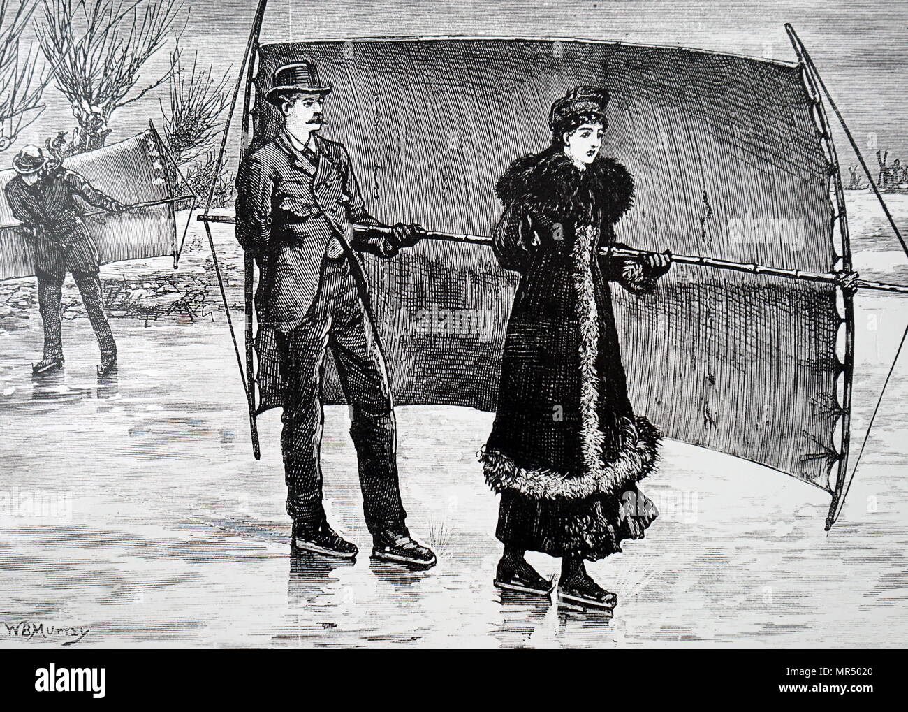 Illustration depicting a young couple sail skating together. Dated 19th ...