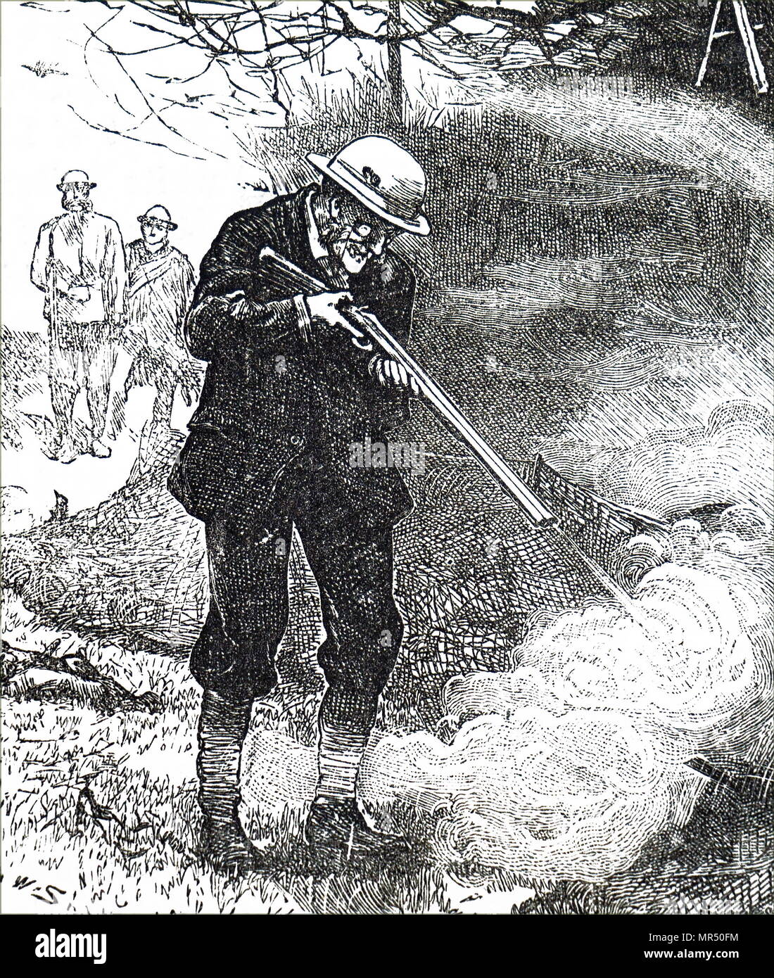 Illustration depicting an older gentleman firing his gun whilst hunting ...