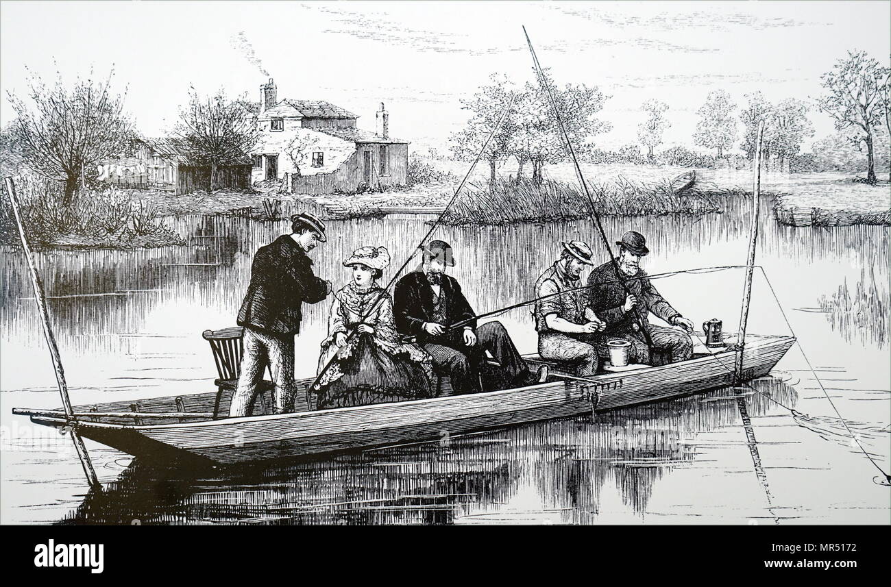 Engraving depicting a group of young people fishing from a punt. Dated ...