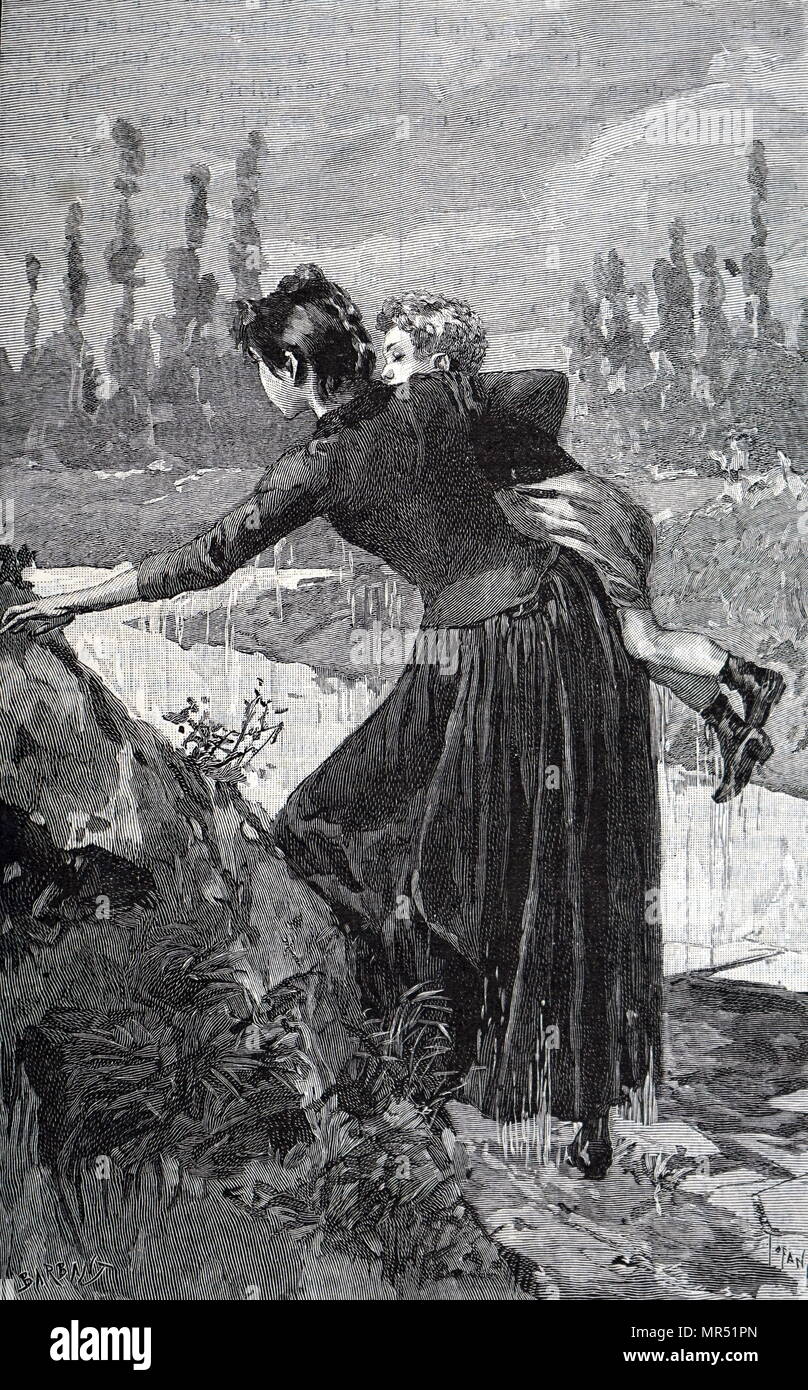 Illustration depicting a child being rescued from drowning. Dated 19th ...