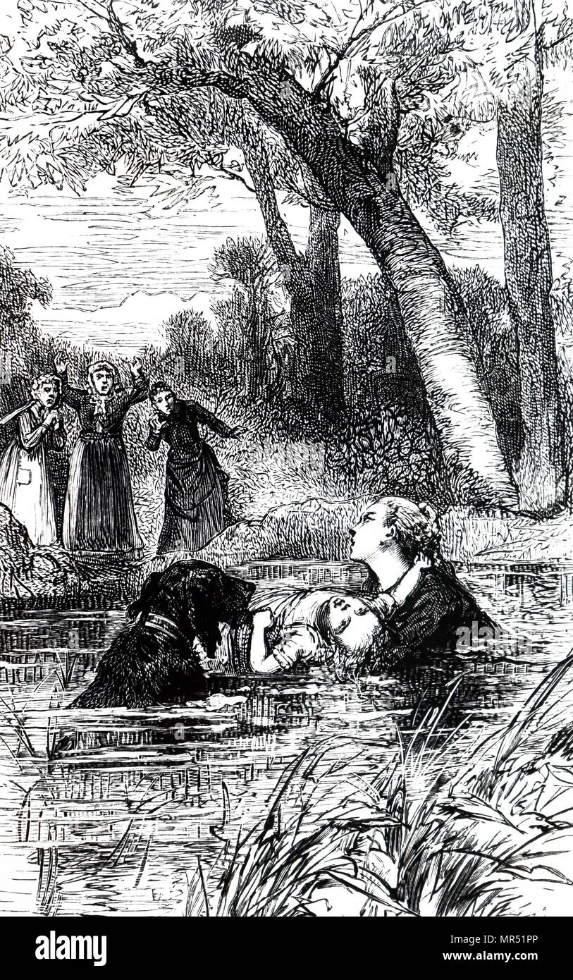 Illustration depicting a child being rescued from drowning. Dated 19th ...