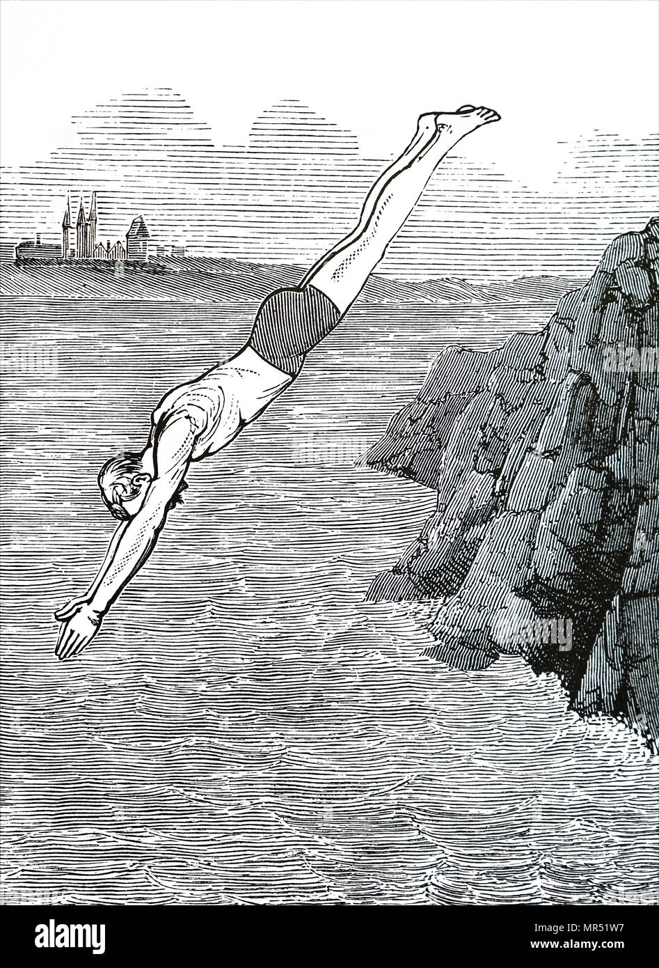 Cartoon depicting a man diving into the sea. Dated 19th century Stock ...