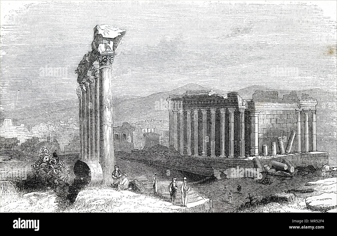 Illustration depicting the ruins of Baalbek, Lebanon, a town in the ...