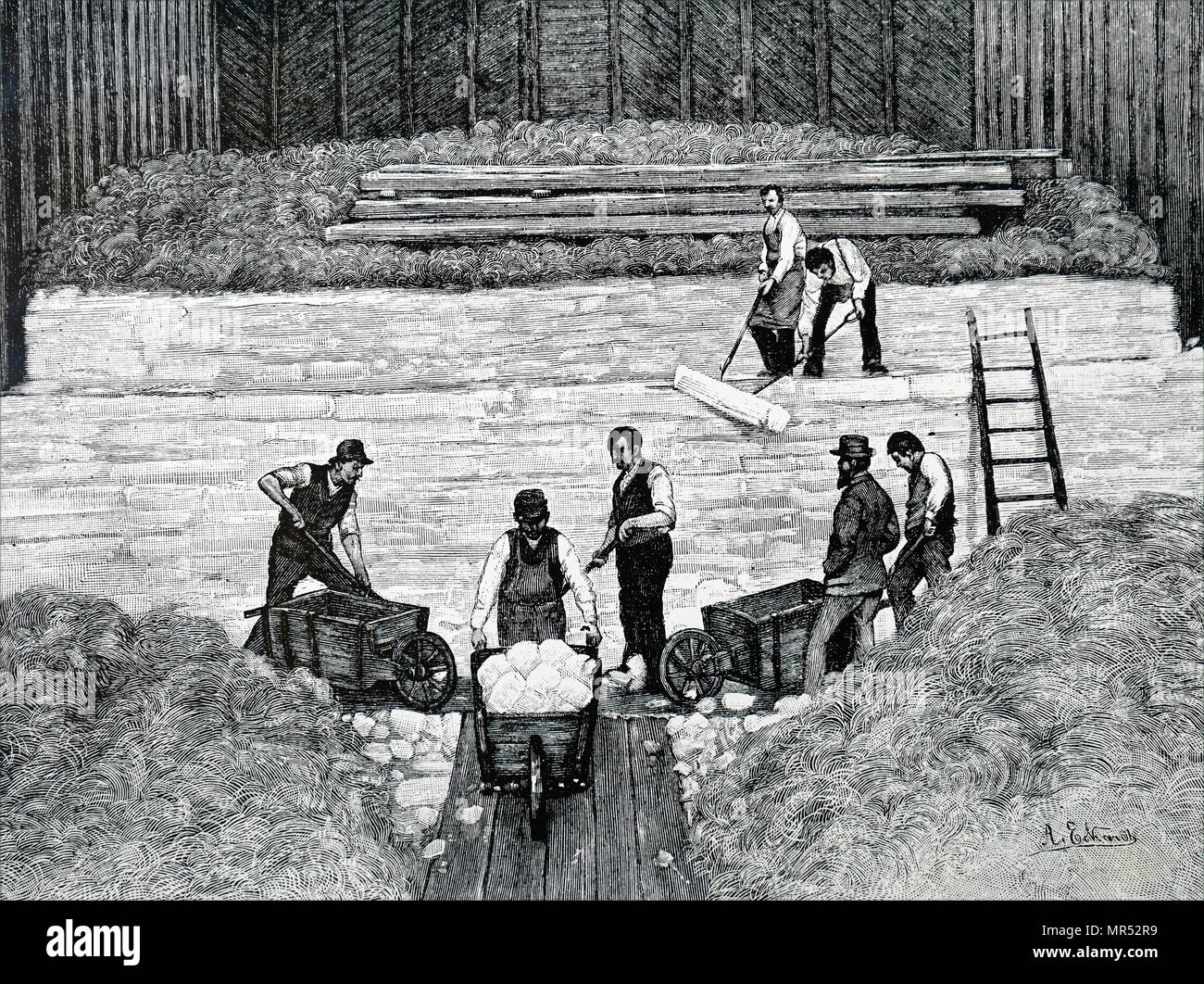 Illustration depicting the storeroom of an ice merchant's workshop in ...