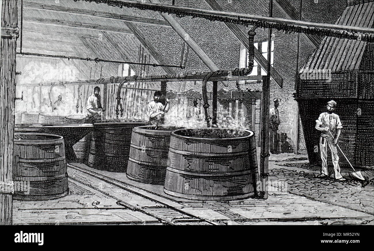 Illustration depicting large vats used for boiling fatty matter ...