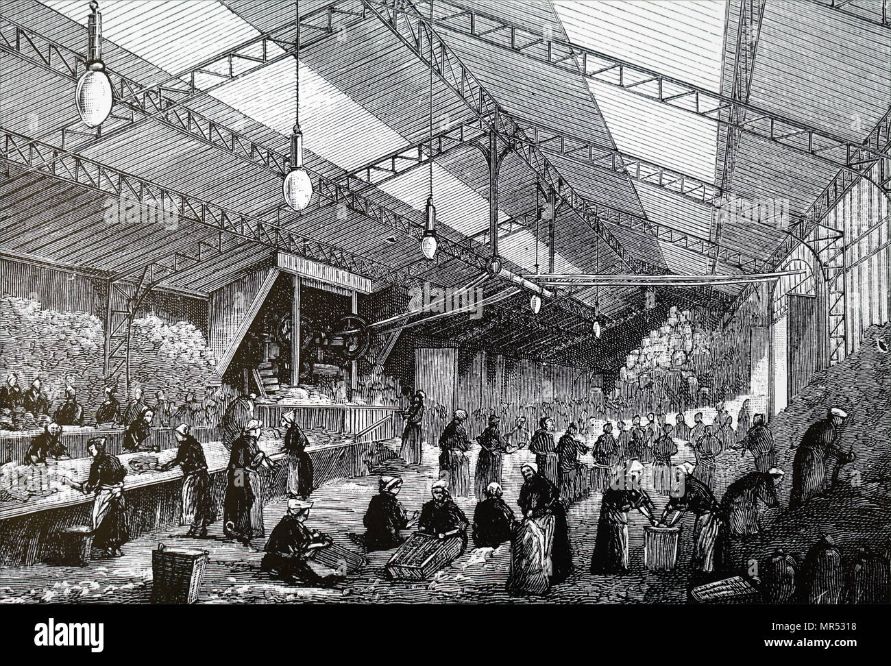 Illustration depicting a rag warehouse in Paris, France. Dated 19th ...