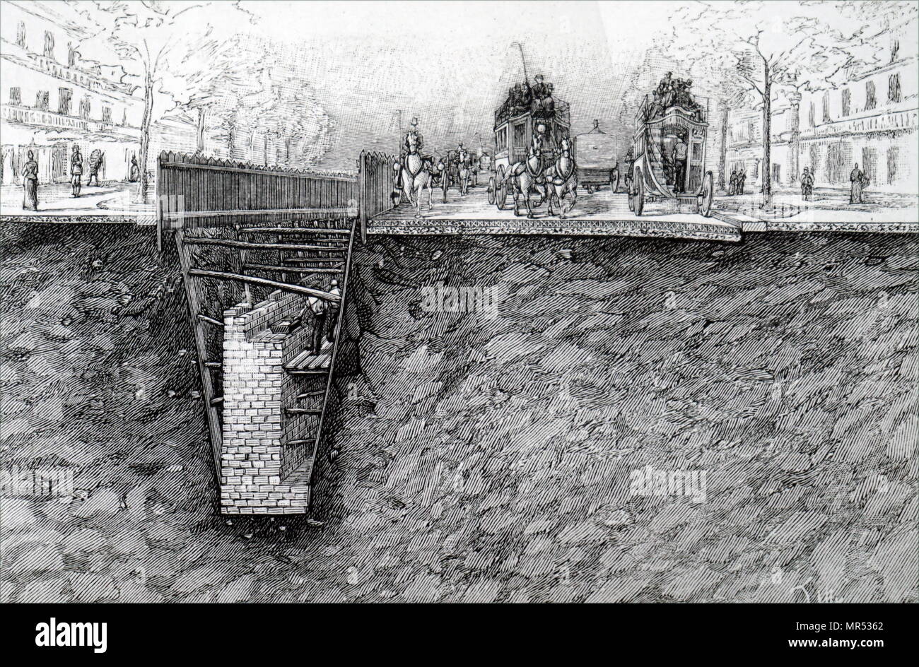Cross-section view of the Paris Metro during construction. Dated 19th ...