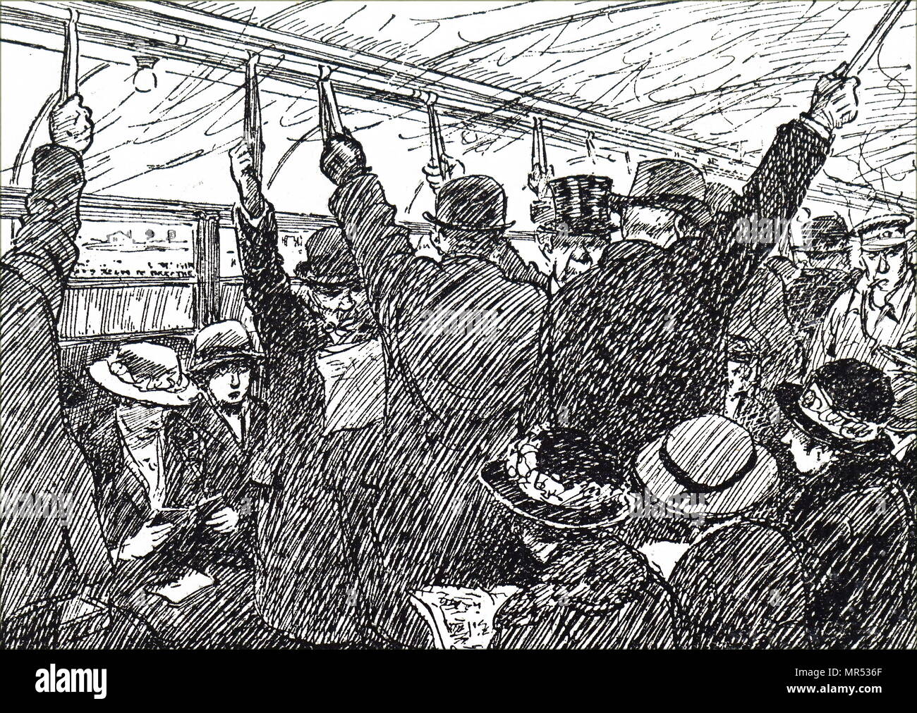 Cartoon depicting passengers on the London Underground. Dated 20th ...