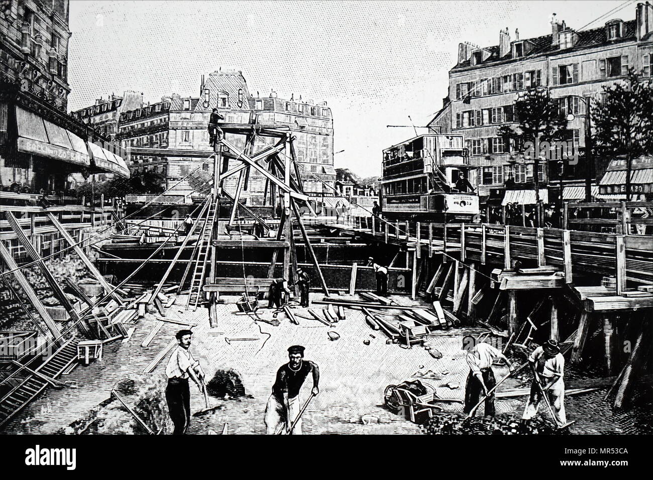 Illustration depicting the construction of the Paris Metro: building ...
