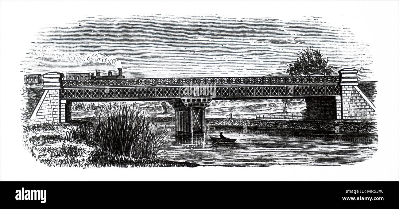 Engraving depicting a lattice girder bridge which forms part of the ...