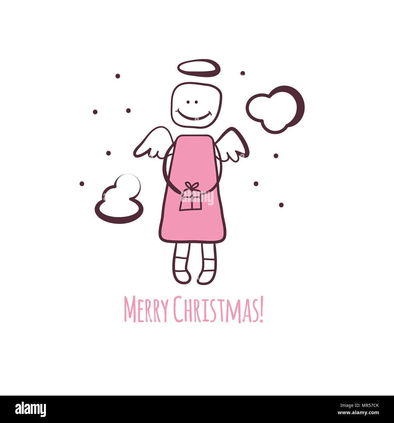 Little Doodle angel with holiday gift, C hristmas card. Vector ...