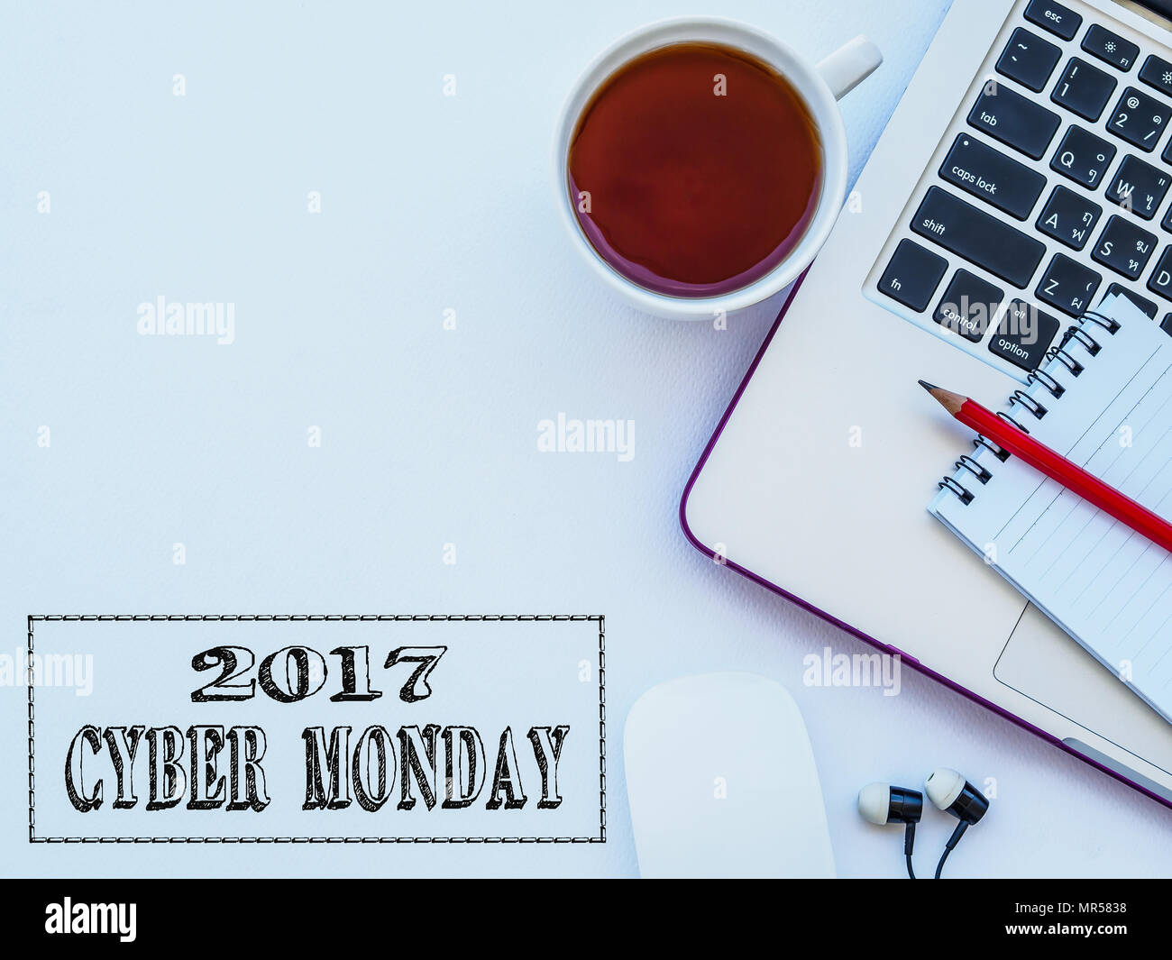 Cyber Monday words with office accessories on white background Stock ...