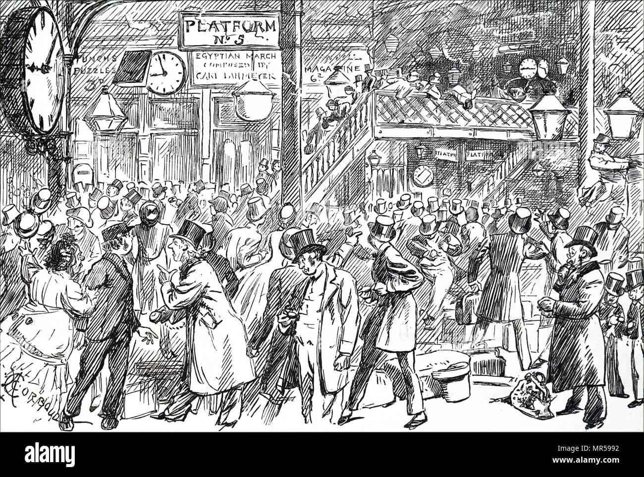 Illustration depicting a busy platform at Birmingham Railway Station ...