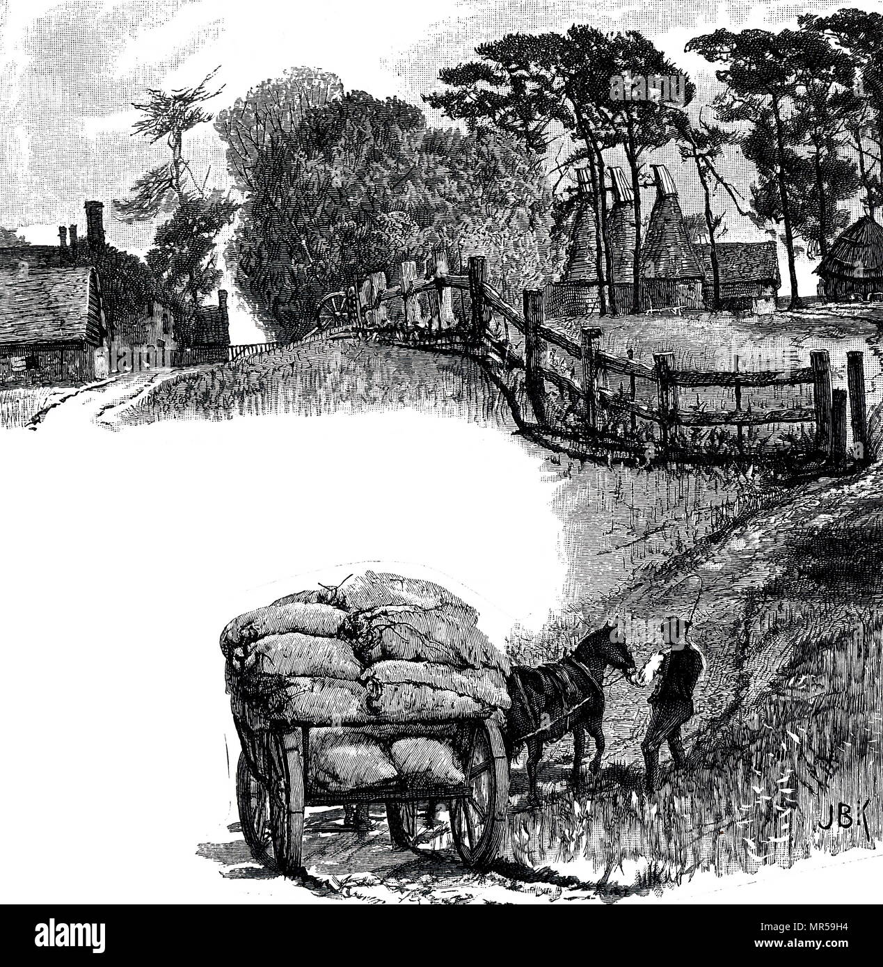 Engraving depicting the carting of stripped hops from the fields to the ...